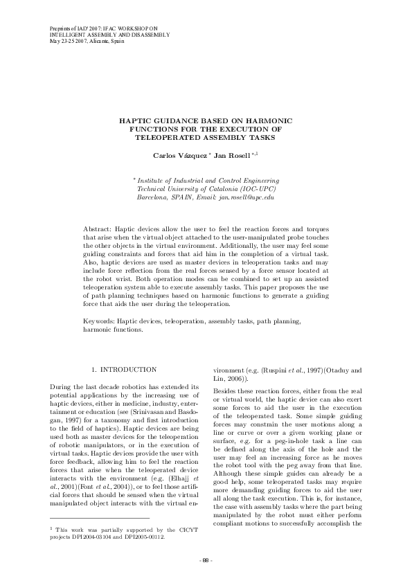 (PDF) Haptic Guidance Using Harmonic Functions for Teleoperation