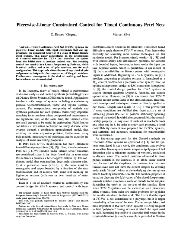 (PDF) Piecewise-linear constrained control for timed continuous Petri nets