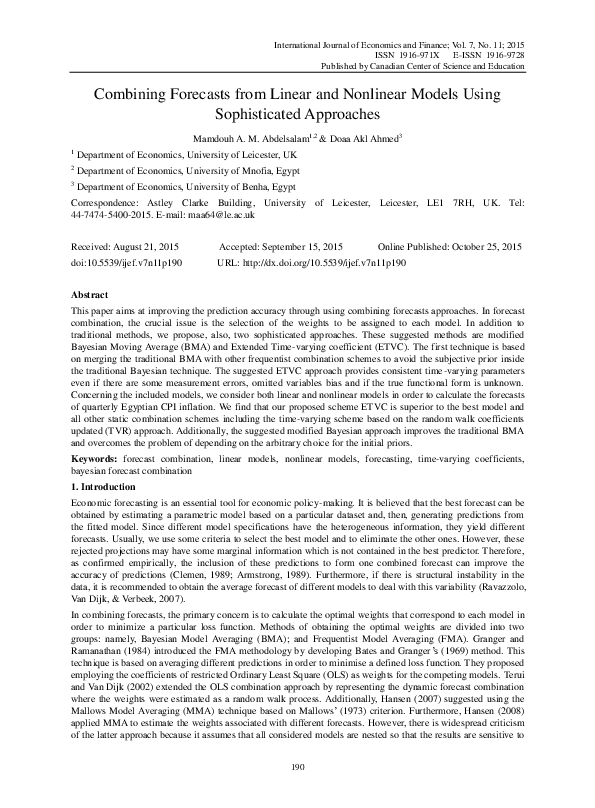 Pdf Combining Forecasts From Linear And Nonlinear Models Using