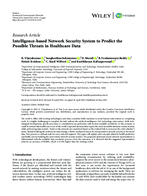 (PDF) Intelligence-based Network Security System to Predict the Possible Threats in Healthcare Data