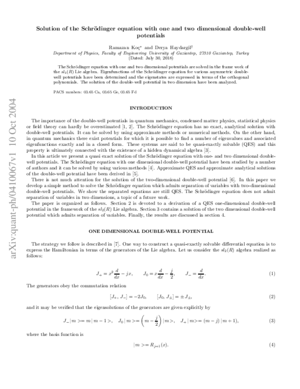 (PDF) Solution of the Schr dinger Equation with One and Two Timensional Double-well Potentials