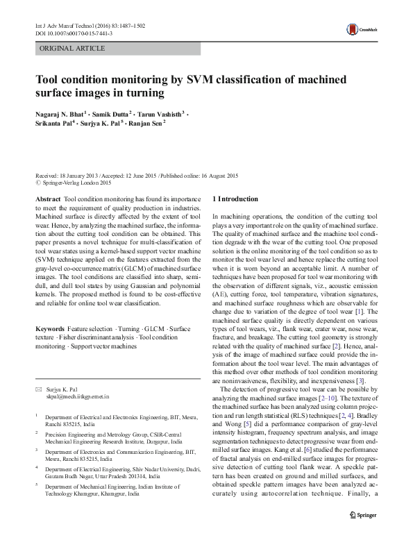 (PDF) Tool condition monitoring by SVM classification of machined surface images in turning