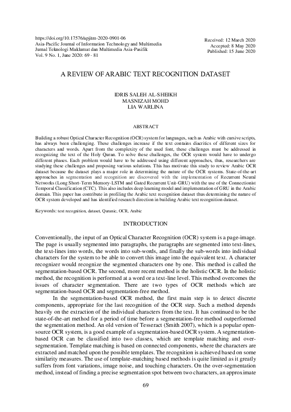 (PDF) A Review of Arabic Text Recognition Dataset (PDF) A Review of Arabic Text Recognition Dataset