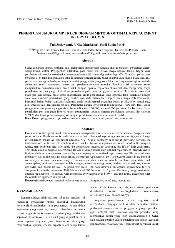(PDF) Penentuan Umur Dump Truck Dengan Metode Optimal Replacement ...