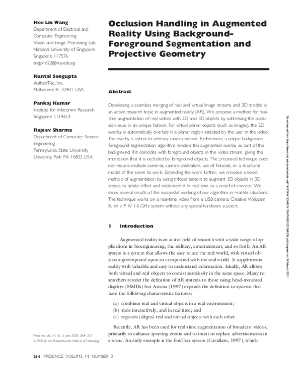 Pdf Occlusion Handling In Augmented Reality Using Background Foreground Segmentation And