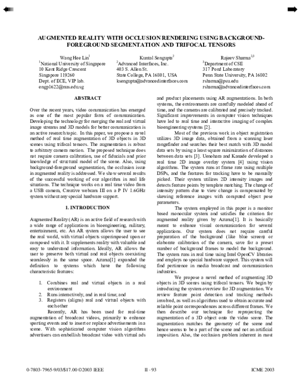 (PDF) Augmented reality with occlusion rendering using background-foreground segmentation and ...