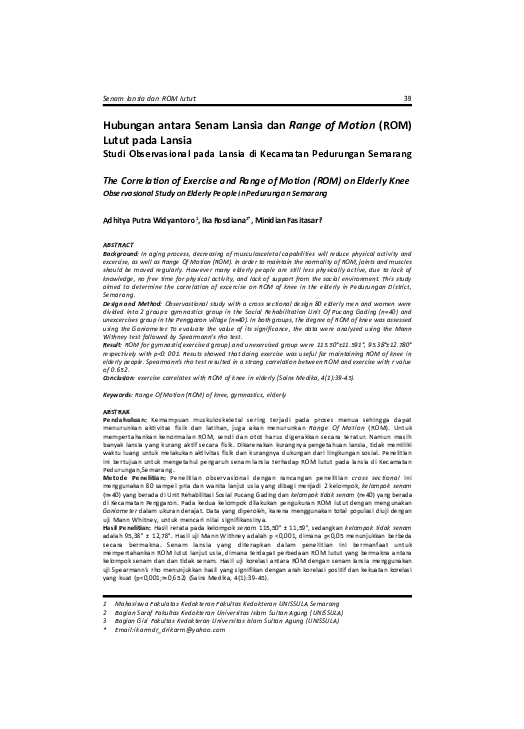 (PDF) Hubungan antara Senam Lansia dan Range of Motion (ROM) Lutut pada ...