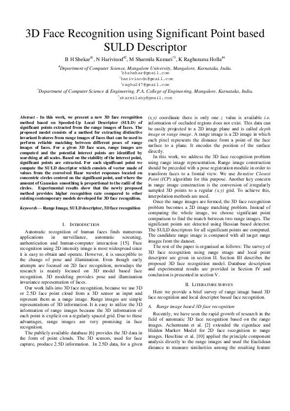 (PDF) 3D Face recognition using significant point based SULD descriptor