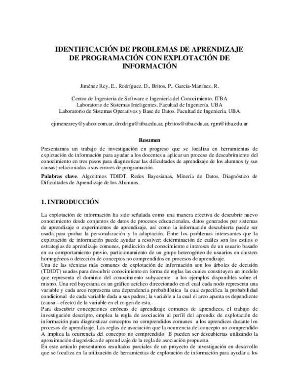 (PDF) Identificación de Problemas de Aprendizaje de Programación con Explotación de Información