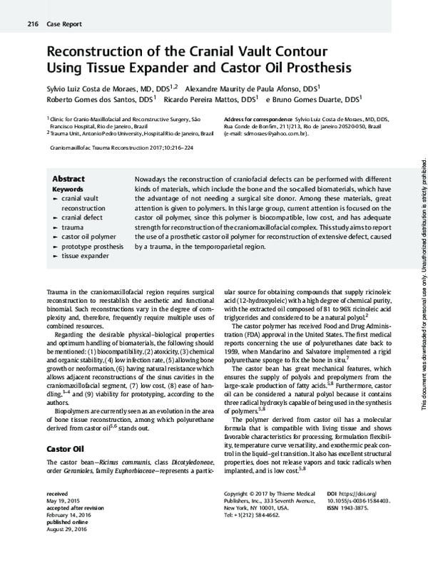 (PDF) Reconstruction of the Cranial Vault Contour Using Tissue Expander and Castor Oil Prosthesis