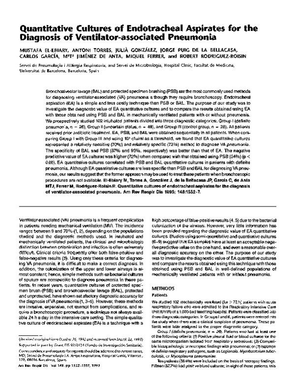(PDF) Quantitative Cultures of Endotracheal Aspirates for the Diagnosis ...