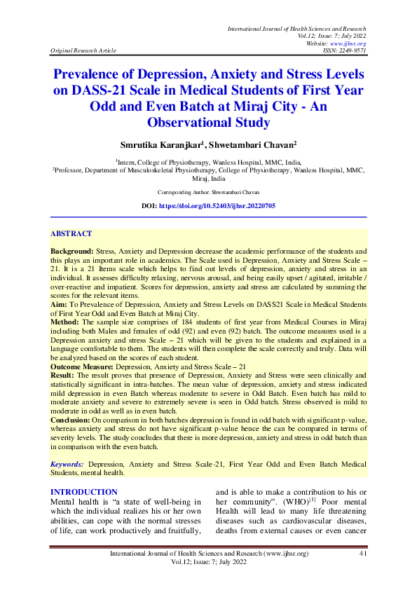 (PDF) Prevalence of Depression, Anxiety and Stress Levels on DASS-21 ...