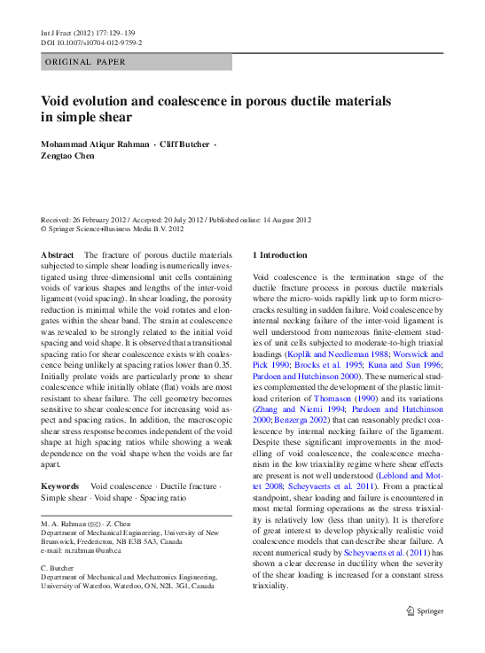 (PDF) Void evolution and coalescence in porous ductile materials in ...