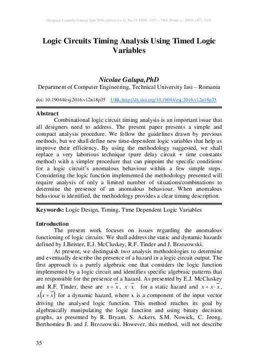 Pdf Logic Circuits Timing Analysis Using Timed Logic Variables