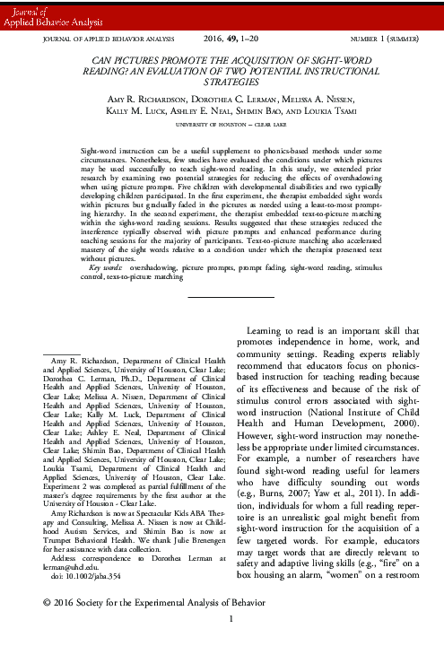 (PDF) Can pictures promote the acquisition of sight-word reading? An evaluation of two potential ...