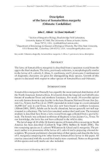 (PDF) Description of the larva of Somatochlora margarita (Odonata ...