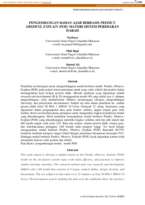 (PDF) Pengembangan Bahan Ajar Berbasis Predict, Observe, Explain (Poe) Materi Sistem Peredaran ...