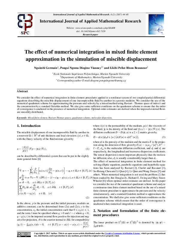 (PDF) The effect of numerical integration in mixed finite element ...