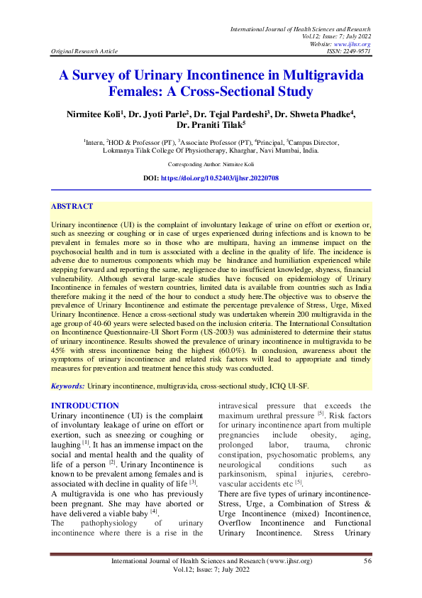 (PDF) A Survey of Urinary Incontinence in Multigravida Females: A Cross ...