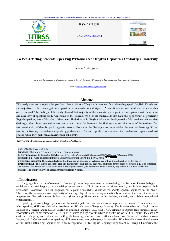 (PDF) Factors affecting students’ speaking performance in English department of Jawzjan University