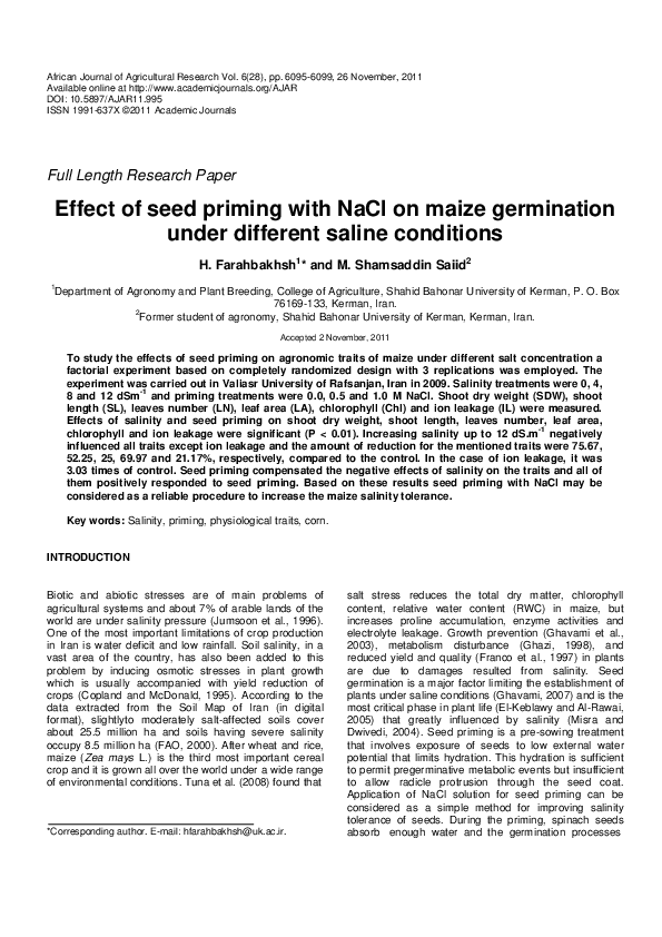 (PDF) Effect of seed priming with NaCl on maize germination under different saline conditions