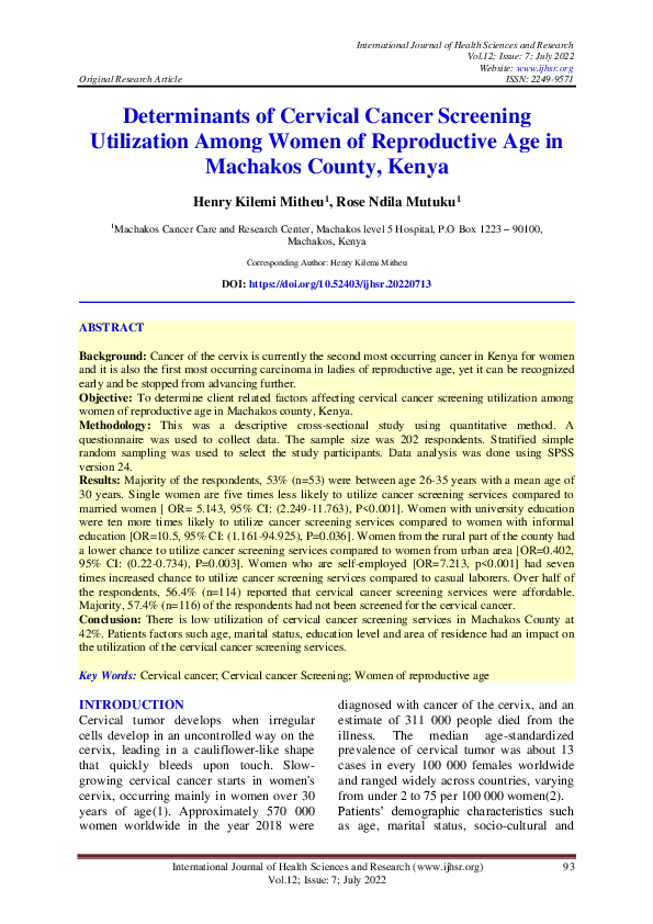 Pdf Determinants Of Cervical Cancer Screening Utilization Among Women