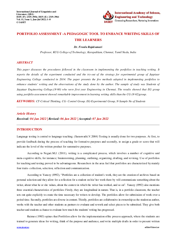 (PDF) PORTFOLIO ASSESSMENT -A PEDAGOGIC TOOL TO ENHANCE WRITING SKILLS OF THE LEARNERS