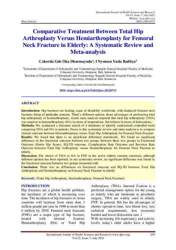 (PDF) Comparative Treatment Between Total Hip Arthroplasty Versus ...