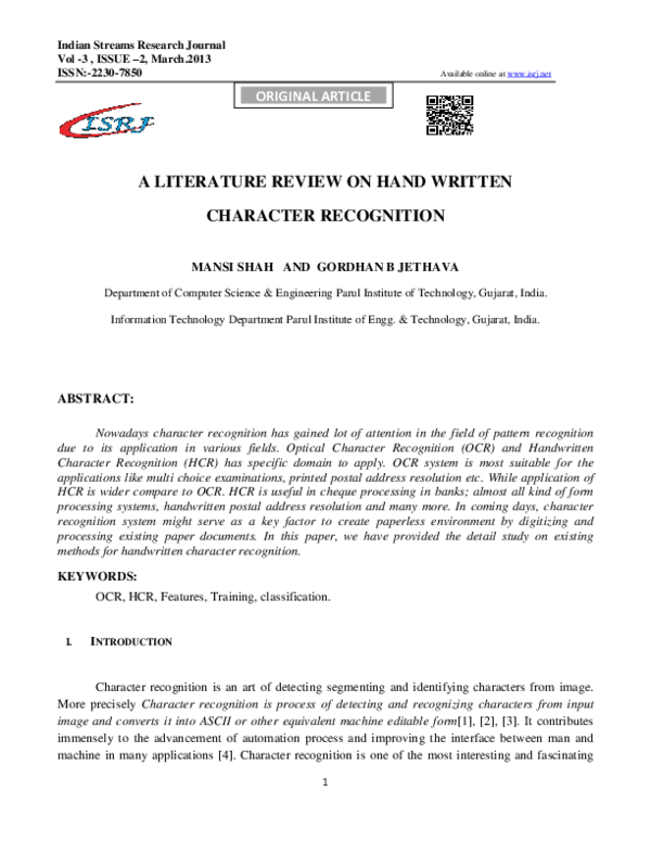 (PDF) A Literature Review on Hand Written Character Recognition