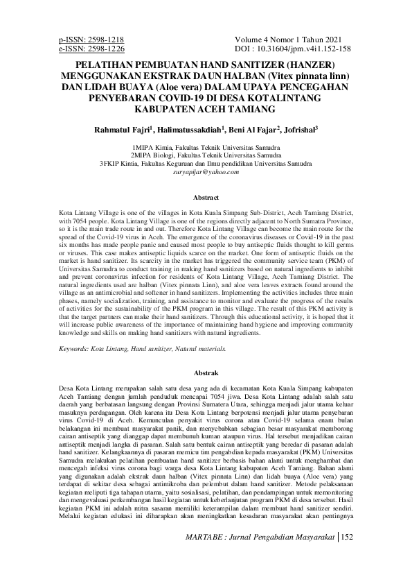 (PDF) PELATIHAN PEMBUATAN HAND SANITIZER (HANZER) MENGGUNAKAN EKSTRAK ...
