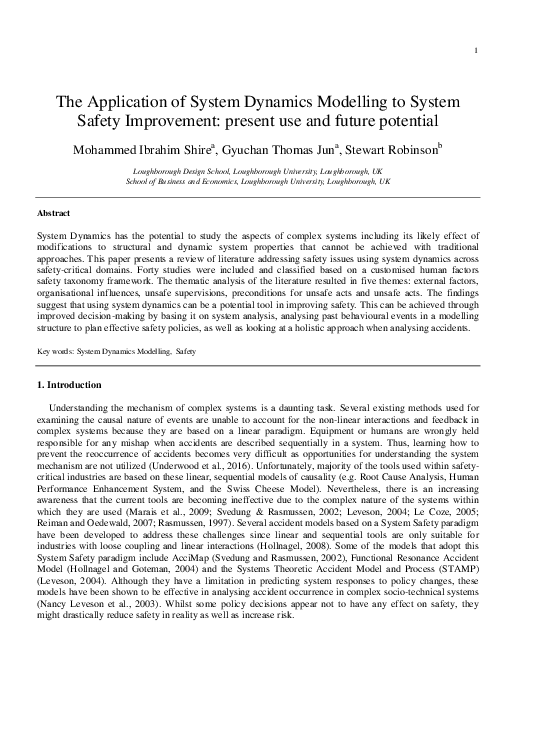 (PDF) System Dynamics for Safety Improvement