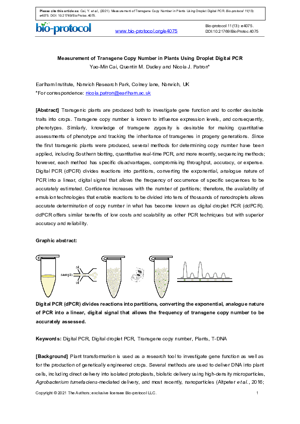 (PDF) Measurement of Transgene Copy Number in Plants Using Droplet ...