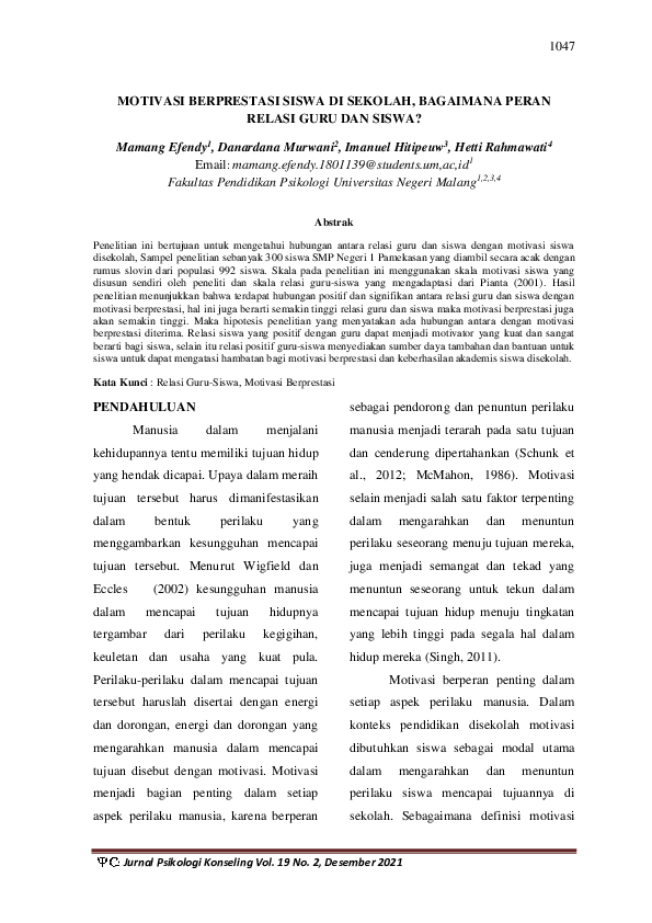 (PDF) Motivasi Berprestasi Siswa DI Sekolah, Bagaimana Peran Relasi Guru Dan Siswa? | imanuel ...