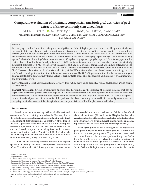 (PDF) Comparative evaluation of proximate composition and biological activities of peel extracts ...