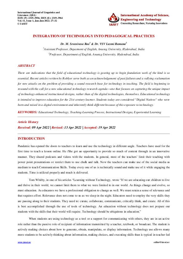 (PDF) INTEGRATION OF TECHNOLOGY INTO PEDAGOGICAL PRACTICES