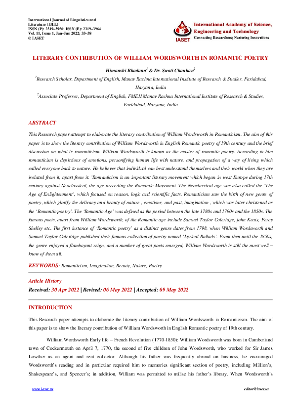 (PDF) LITERARY CONTRIBUTION OF WILLIAM WORDSWORTH IN ROMANTIC POETRY