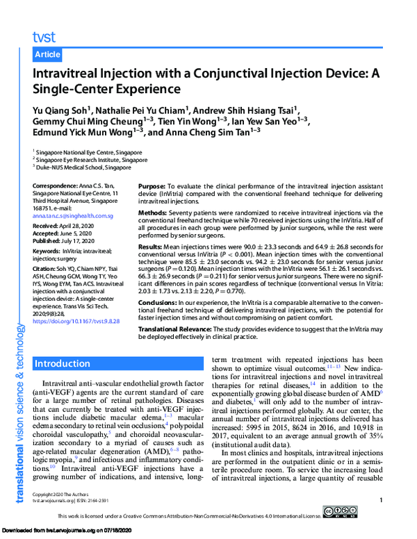 (PDF) Intravitreal Injection with a Conjunctival Injection Device: A ...