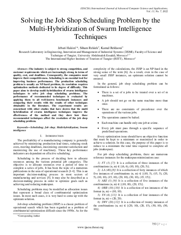 (PDF) Solving the Job Shop Scheduling Problem by the Multi-Hybridization of Swarm Intelligence ...