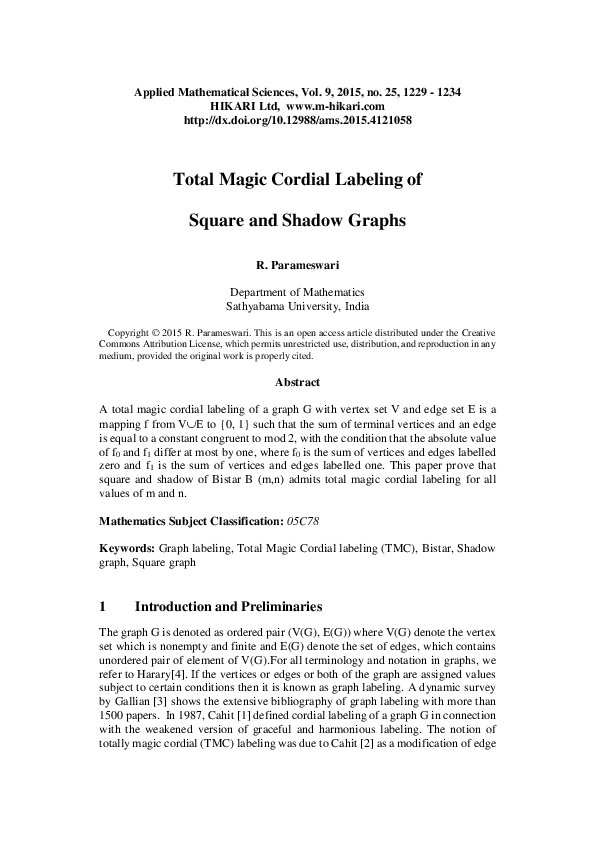 (PDF) Total magic cordial labeling of square and shadow graphs