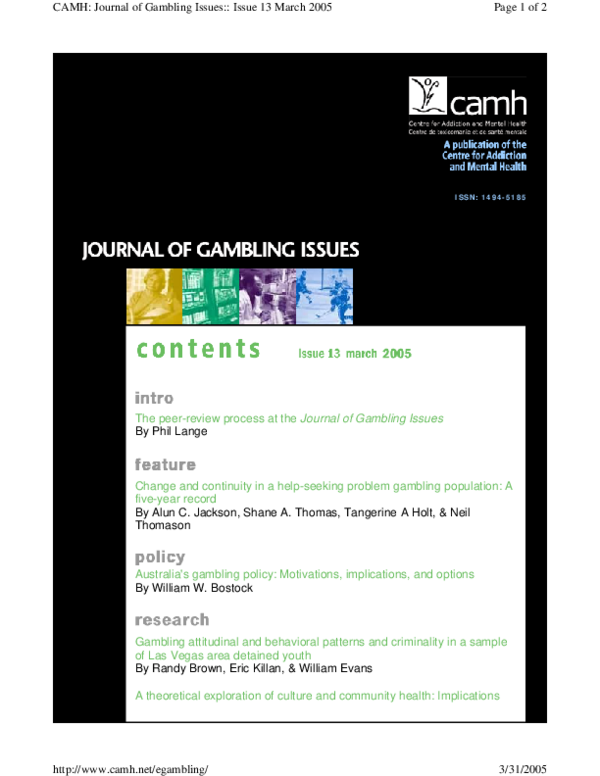 (PDF) For Prevention, Resarch, and Problem Gambling | Jacques Boulet ...