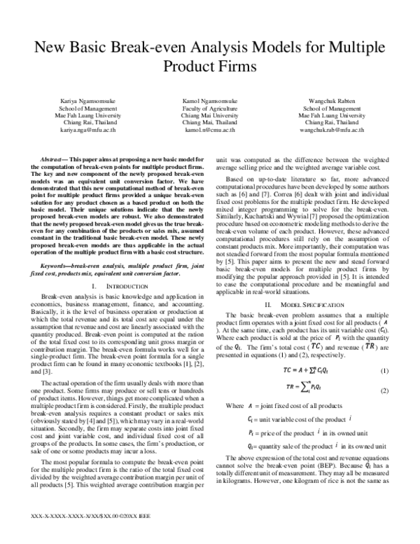 (PDF) New Basic Break-even Analysis Models for Multiple Product Firms