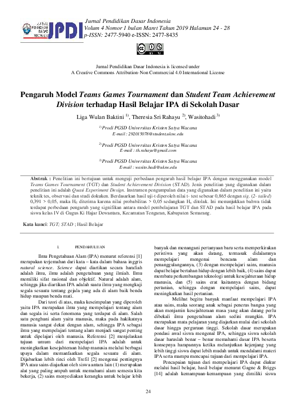 (PDF) Pengaruh Model Teams Games Tournament dan Student Team Achievement Division terhadap Hasil ...