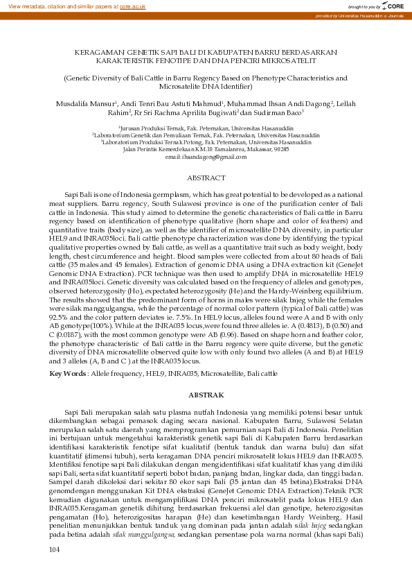 (PDF) Genetic Diversity of Bali Cattle in Barru Regency Based on Phenotype Characteristics and ...