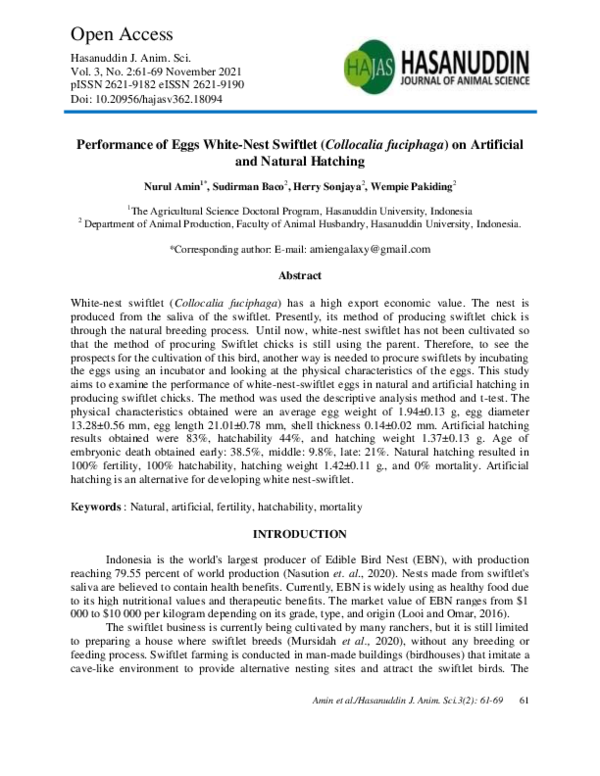 (PDF) Performance of Eggs White-Nest Swiftlet (Collocalia fuciphaga) on Artificial and Natural ...