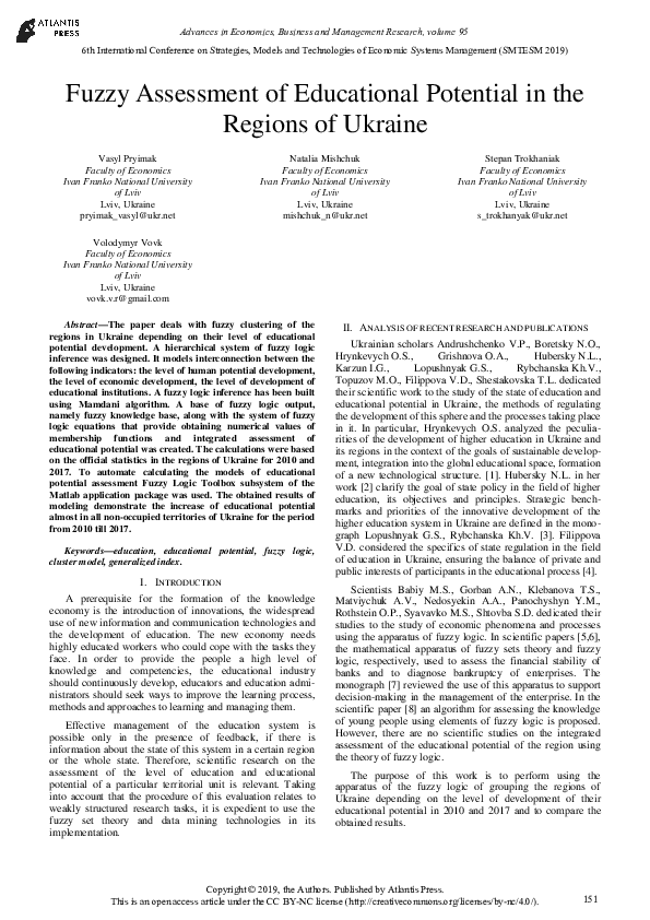 (PDF) Fuzzy Assessment of Educational Potential in the Regions of Ukraine