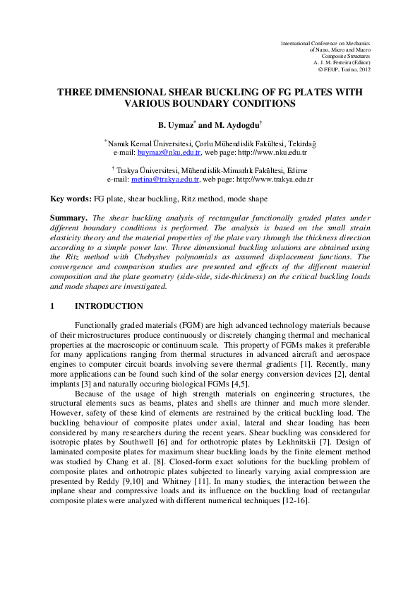 (PDF) Three dimensional shear buckling of FG plates with various ...