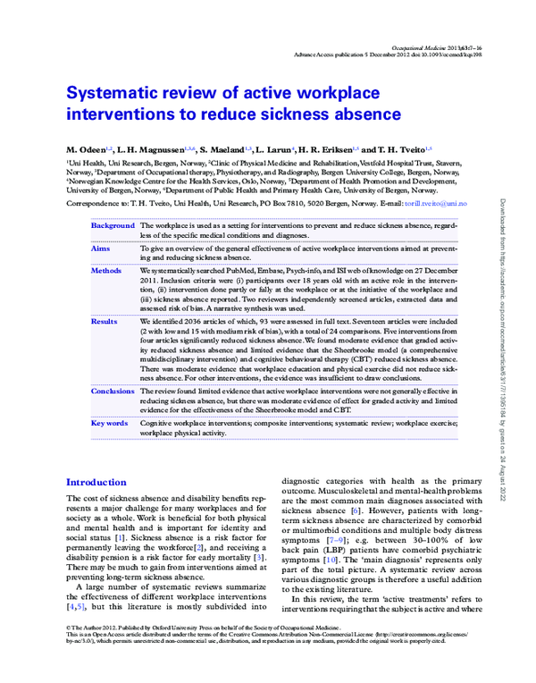 (PDF) Systematic review of active workplace interventions to reduce sickness absence