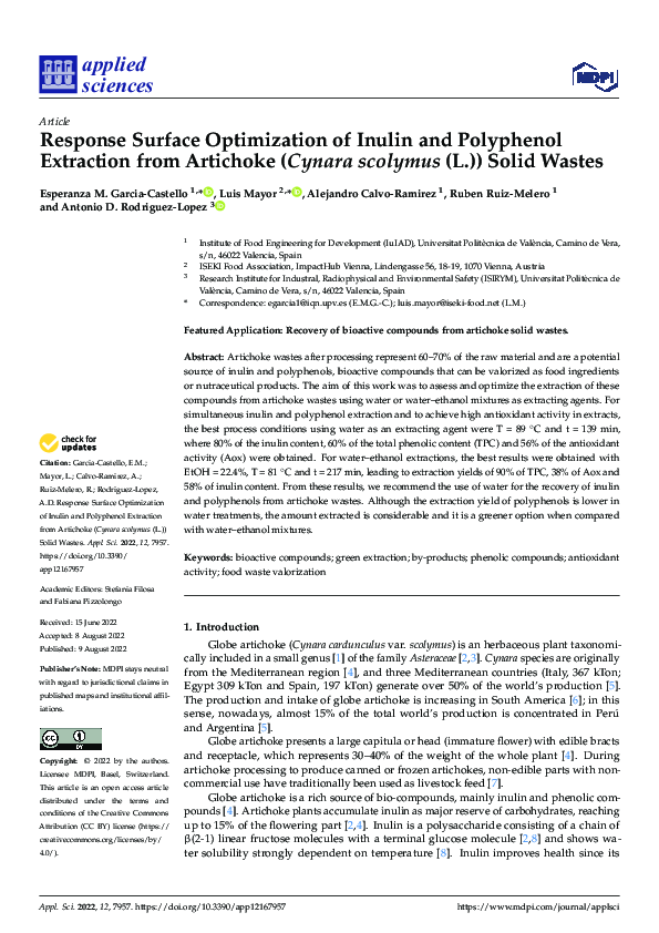 Pdf Response Surface Optimization Of Inulin And Polyphenol Extraction From Artichoke Cynara