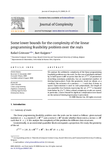 (PDF) Some lower bounds for the complexity of the linear programming feasibility problem over ...