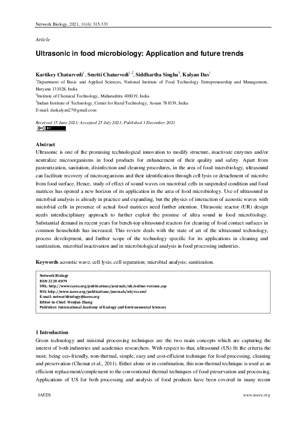 (PDF) Ultrasonic in food microbiology: Application and future trends